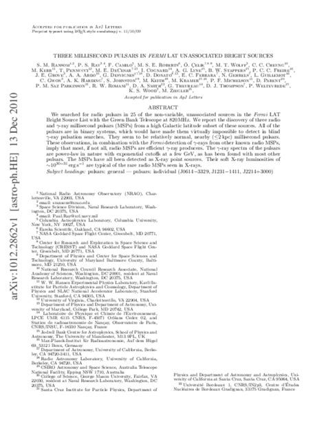 Pdf Three Millisecond Pulsars In Fermi Lat Unassociated Bright Sources