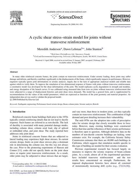 Pdf A Cyclic Shear Stress Strain Model For Joints Without Transverse Reinforcement Dokumen Tips