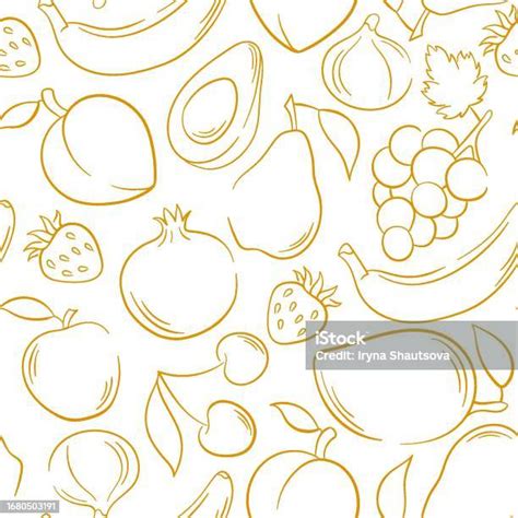 라인 아트 스타일의 과일 매끄러운 패턴 배경 딸기 포도 바나나 아보카도 석류 체리 배 복숭아 손으로 그린 벡터 그림입니다 건강한 식생활에 대한 스톡 벡터 아트 및 기타