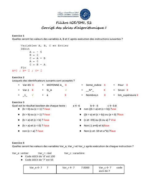 Algorithmiques Série Dexercices Corrigés Pdf
