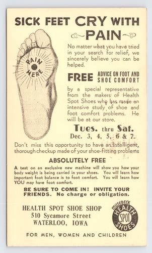 1940 Health Spot Shoe Shop Postcard Waterloo Ia Foot Comfort Clinic Ad