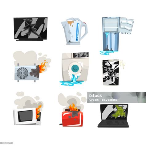 손상 된 홈 기기 설정 깨진된 Tv 주전자 냉장고 에어컨 세탁기 전자 레인지 토스터기 노트북 흰색 배경에 스마트폰 만화 벡터 일러스트 에어컨에 대한 스톡 벡터 아트 및 기타