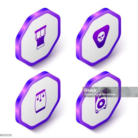 아이소메트릭 아프리카 타악기 드럼 기타 픽 콩가 드럼 및 스테레오 스피커 아이콘을 설정합니다 보라색 육각형 버튼 벡터 3차원 형태에 대한 스톡 벡터 아트 및 기타 이미지