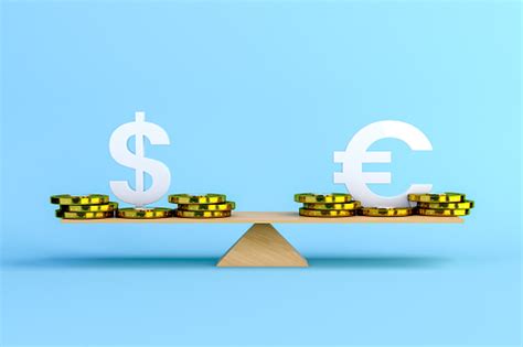 연한 파란색 배경에 금화 위에 달러와 유로 기호가 있는 균형 잡힌 나무 저울 세계 경제 환전 금융 또는 투자를 설명하는 데 적합합니다 3d 일러스트레이션 0명에 대한 스톡