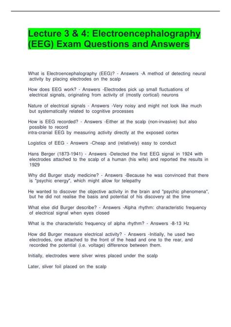 Lecture 3 And 4 Electroencephalography Eeg Exam Questions And Answers