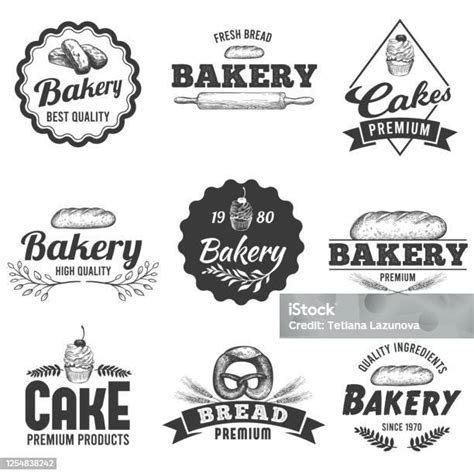 베이커리 배지 신선한 빵 식품 라벨 달콤한 케이크 스케치 와 손으로 그린 베이커리 제품 벡터 일러스트 레이션 세트 오븐에 굽기에