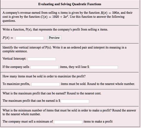 Evaluating And Solving Quadratic Functions A Companys Revenue Earned