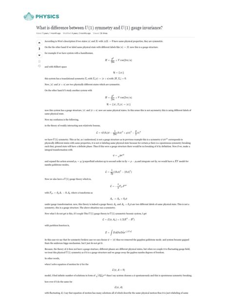 Quantum Field Theory What Is Difference Between U 1 Symmetry And U 1 Gauge Invariance