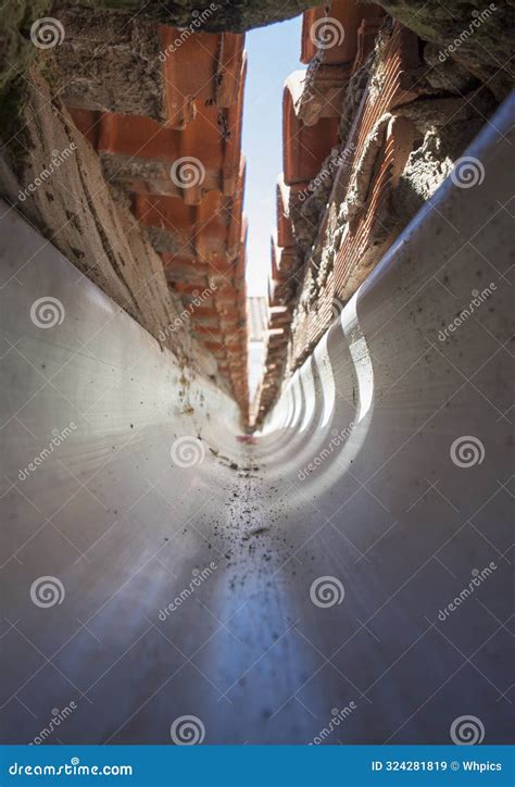 Interior Of A Pvc Gutter At The Confluence Of A Gable Roof Stock Image