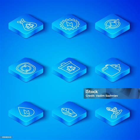 세트 라인 물 에너지 재활용이 가능한 쓰레기통 전구 잎 에코 연료 용기 깨끗한 아쿠아 방패 내부의 기호 쓰레기 봉투 및 식물 손 아이콘 벡터 0명에 대한 스톡 벡터 아트 및