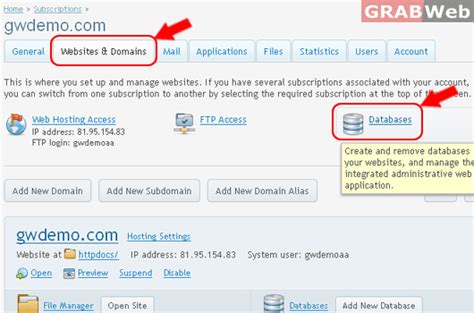Plesk 115 How To Create A New Database Grabweb Managed Hosting