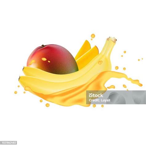 벡터 광고 3d 프로 모션 배너 현실적인 망고 바나나 떨어지는 조각 주스 방울 비타민 Splashing 단풍 아이스크림 요구르트 브랜드 광고 레이블 포스터 복숭아류에 대한