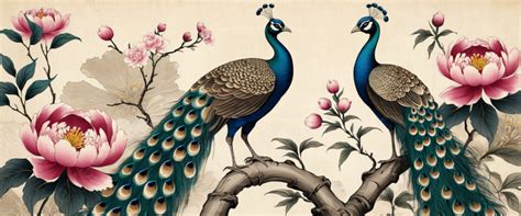 The Chinese Style Peony And Old Peacock Illustration On Rice Paper