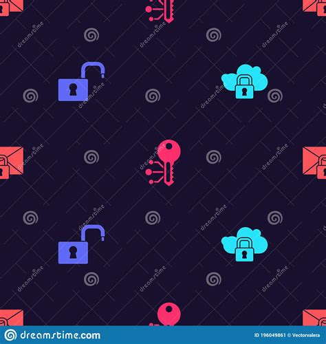 set cloud computing lock open padlock cryptocurrency key and mail