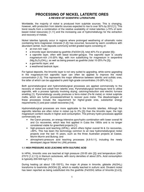Processing Of Nickel Laterite Ores A Review Of Scientific Literature