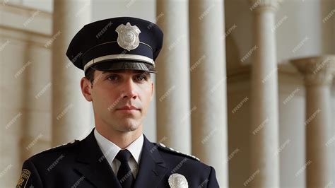 Police Officer In A Ceremonial Dress Uniform Standing With A Formal And