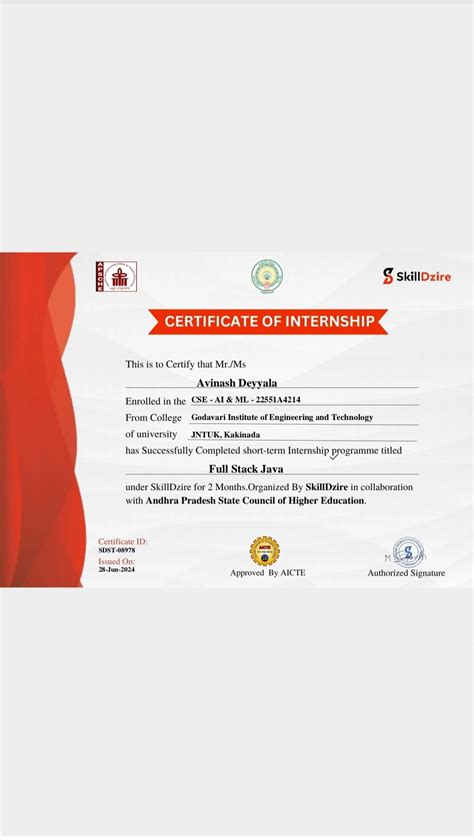 Avinash Deyyala On Linkedin Skilldzire Internship Fullstackjava Internshipcertificate