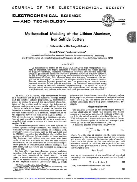 Mathematical Modeling Of The Lithium Aluminum Iron Sulfide Battery I