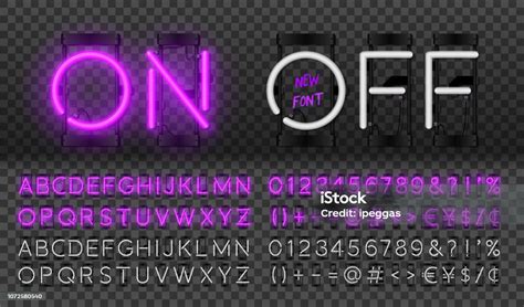 큰 보라색 네온 세트 빛나는 알파벳 벡터 글꼴 빛나는 텍스트 효과 켜고 램프 네온 숫자와 문장 부호 투명 한 배경에 고립 0명에 대한 스톡 벡터 아트 및 기타 이미지