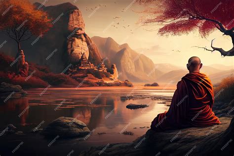 아름다운 자연을 배경으로 강 옆에서 명상 중인 스님의 생성 Ai 삽화 프리미엄 사진