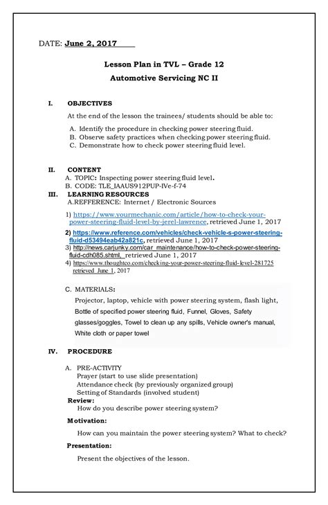 Lesson Plan For Automotive Servicing Docx