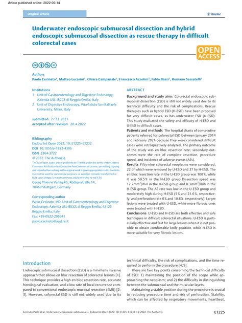 Pdf Underwater Endoscopic Submucosal Dissection And Hybrid Endoscopic Submucosal Dissection As