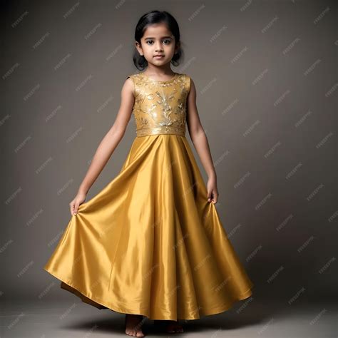 A Young Girl In A Gold Dress Is Posing For A Photo Premium Ai