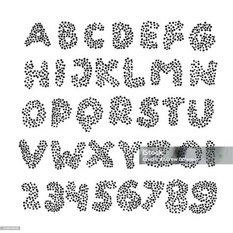 검정 영어 알파벳 Abc 라틴어 글꼴 A에서 Z와 숫자 0에서 9까지 점으로 구성된 세트 벡터 일러스트 레이 션 에서 낙서 손 쓰기 스타일 고립된 통하고 있는 백색 배경