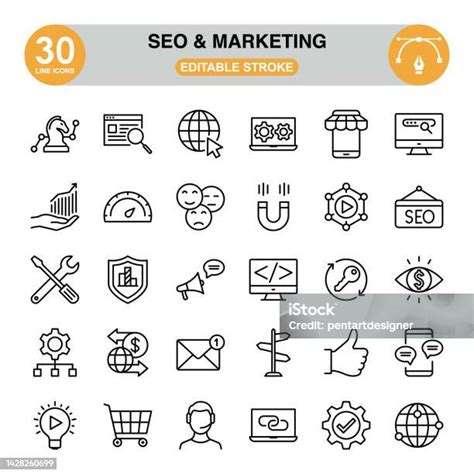 서재응 및 마케팅 아이콘 세트 편집 가능한 스트로크 픽셀 완벽한 아이콘 세트에는 연구 순서도 돋보기 메가폰 엄지 손가락 체스 기사 코딩 고객 관리 전구 체인 등과 같은