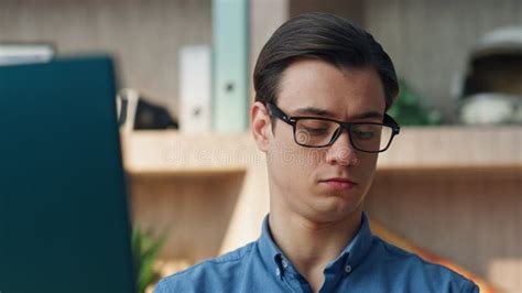 Serious Man Answering Cellphone Call At Office Closeup Guy Calling