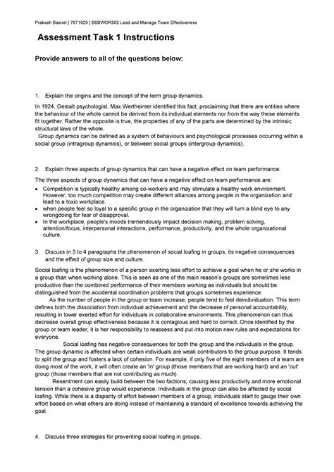 Assessment Manage Team Effectiveness Bsbtwk502 Assessment Task 1