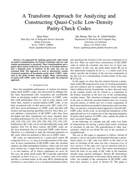Pdf A Transform Approach For Analyzing And Constructing Quasi Cyclic Low Density Parity Check