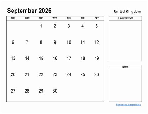 September 2026 Monthly Calendars With United Kingdom Holidays