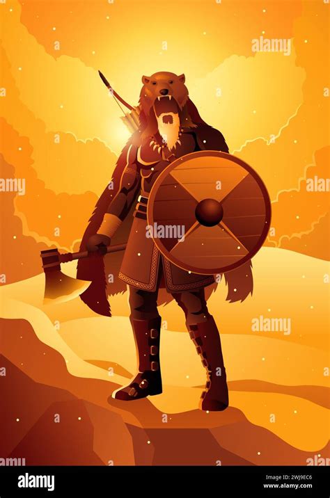 Viking Berserker Wearing Bear Skin Holding An Axe And A Shield On Snowy