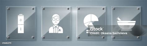 박격포와 유봉 파이 차트 인포그래픽 과학자 및 배터리를 설정합니다 정사각형 유리 패널 벡터 건강 검진에 대한 스톡 벡터 아트 및