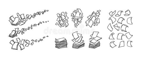 Big Set Of Flying Paper Sheets In Doodle Style Hand Drawn Blank
