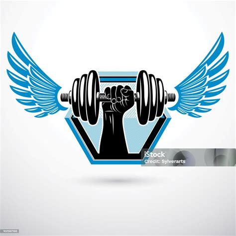 벡터는 일러스트 레이 션 보디 빌딩 근육 팔 아령을 들고 날개 파워 리프팅 하 고 크로스 맞는 Championship에 대한