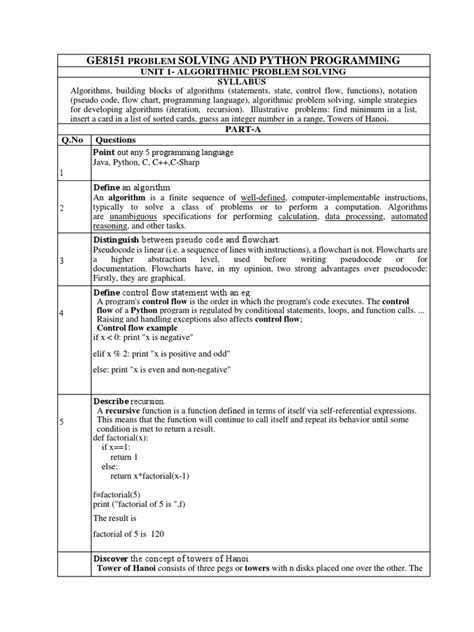 Ge8151 Python Programming Unit I Question Bank With Sample Code Pdf