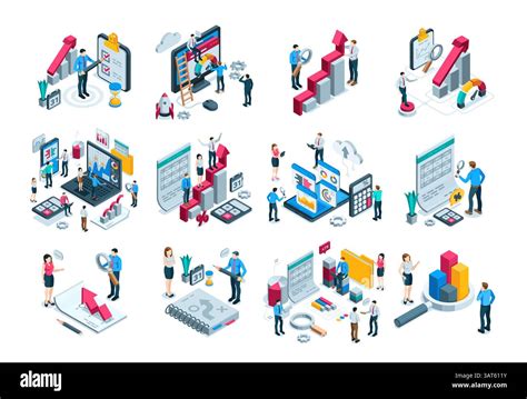 Isometric Vector Set Of Business People Working With Charts And