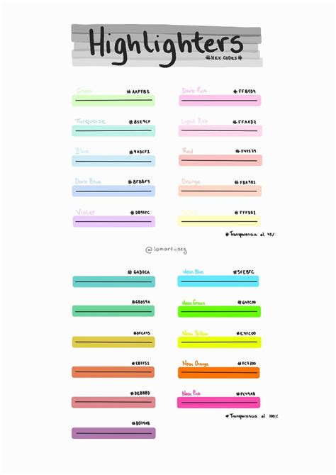Highlighter Color Chart For Art