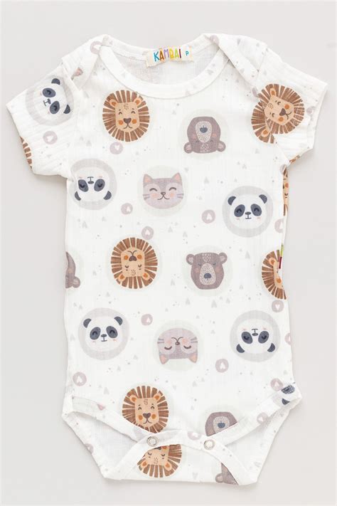 Body Bebê Manga Curta Canelado Estampa Animais Panda Kambai