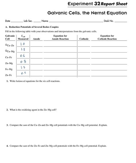 Solved Experiment 32 Report Sheet Galvanic Cells The Nernst