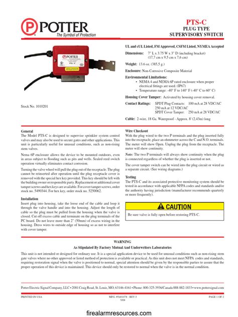 Potter Pts C Plug Type Supervisory Switch 5308916274 Pdf Electrical Connector Switch