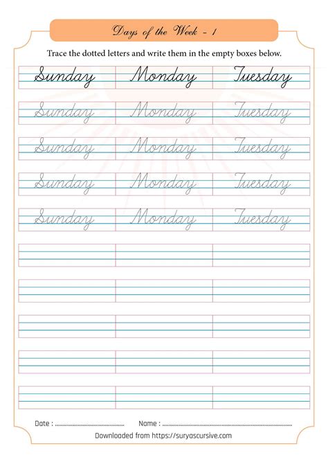 Days Of The Week Cursive Worksheets SuryasCursive Com Cursive Writing Practice Sheets