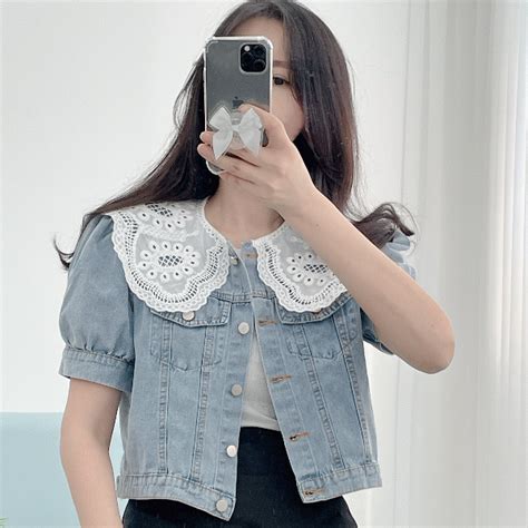 레베카 반팔 레이스 카라 데님 크롭 청자켓 에이블리