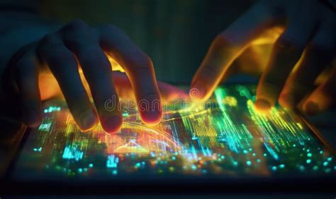 Futuristic Digital Interface Interaction with Glowing Data Visualization, Hands Manipulating ...