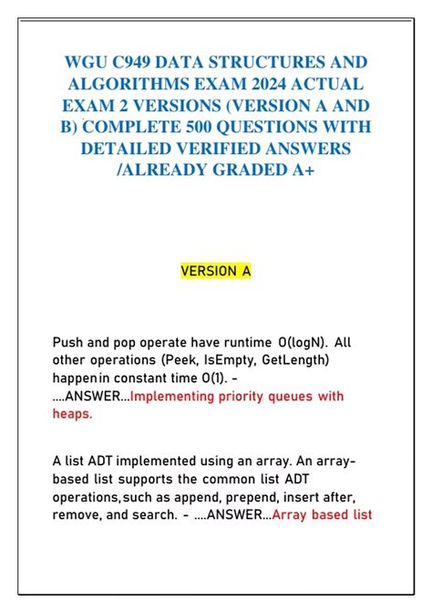 WGU C949 DATA STRUCTURES AND ALGORITHMS EXAM 2024 ACTUAL EXAM 2 VERSIONS VERSION A AND B