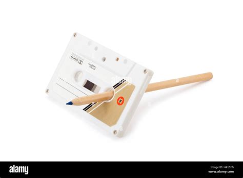 Classic Cassette Tape Rewind With Pencil Isolated On White Background
