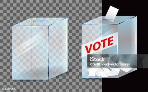 투표 함 개념에 삽입 된 현실적인 투표 상자 또는 유리 투표 상자 투명 또는 현실적인 투표 용지 세트 Eps 벡터 투표함에 대한