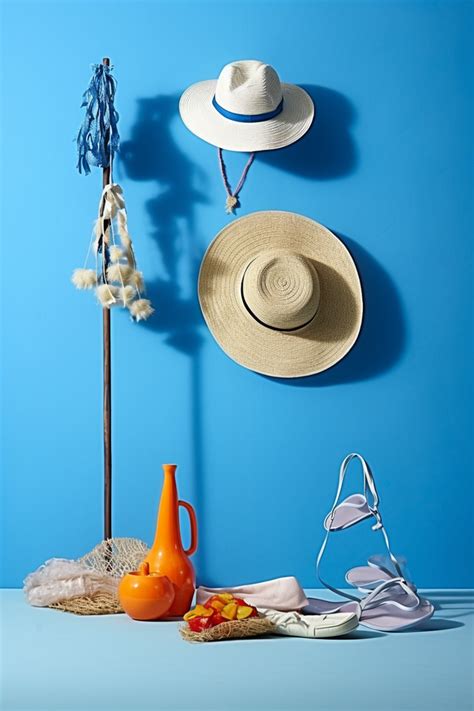 파란색 배경의 해변 장면에는 모자 선글라스 및 기타 재료가 포함되어 있습니다 배경 화면 및 일러스트 무료 다운로드 Pngtree